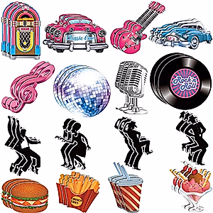 48 Pcs 50s Decorating Cutouts Rock and Roll 1950s Party Decorations and Supplies 50s Party Decorations Assorted 50's Decorating Cutouts for Sock Hop Birthday Party Supplies, 16 Style