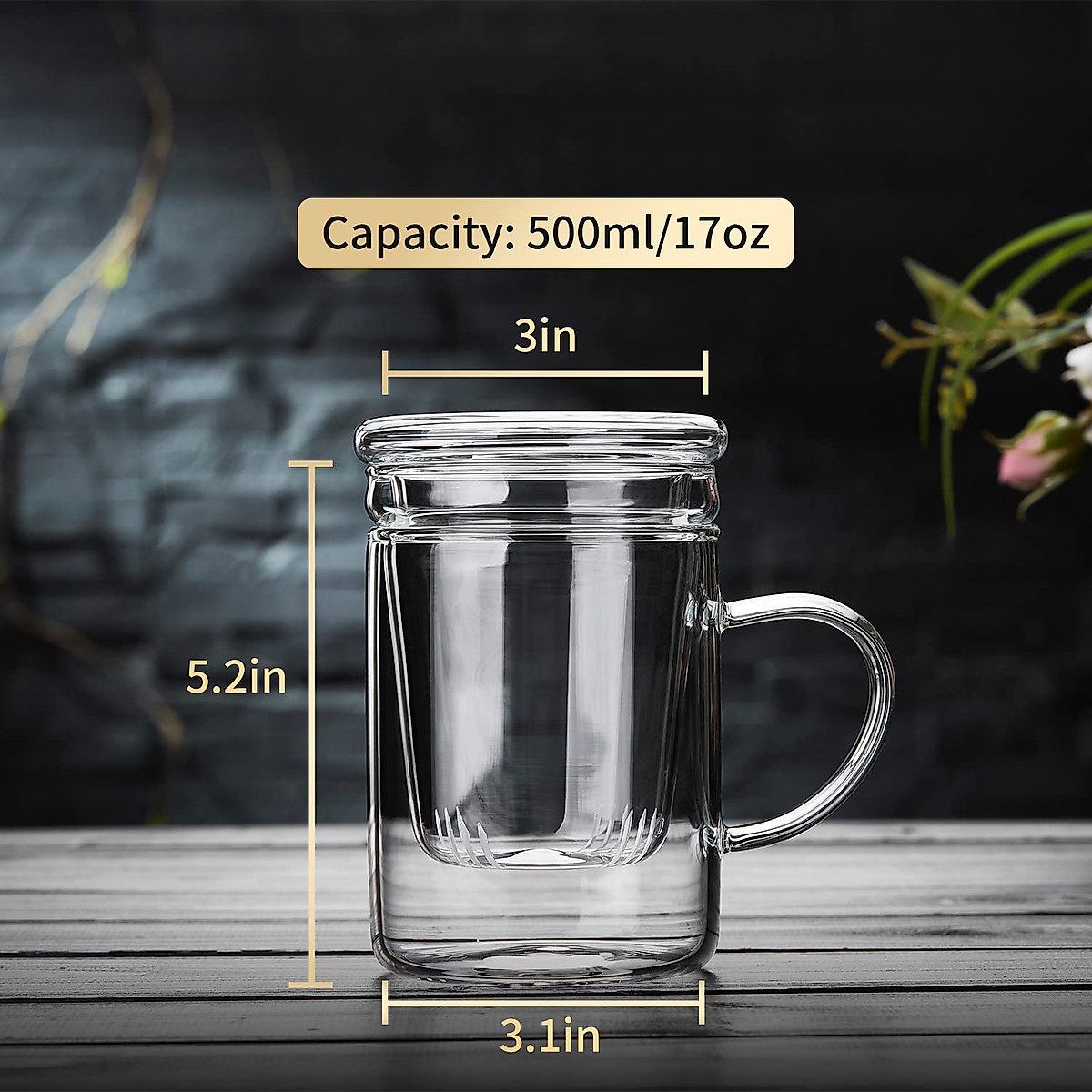 Unbreakable Glass Tea Cup with Infuser and Lid 500ml/17oz Glass Tea Infuser Mug Heat Resistant Silicate Glass Teacup with Strainer for Loose Leaf Blooming Tea Bag Gas Stovetop Safe
