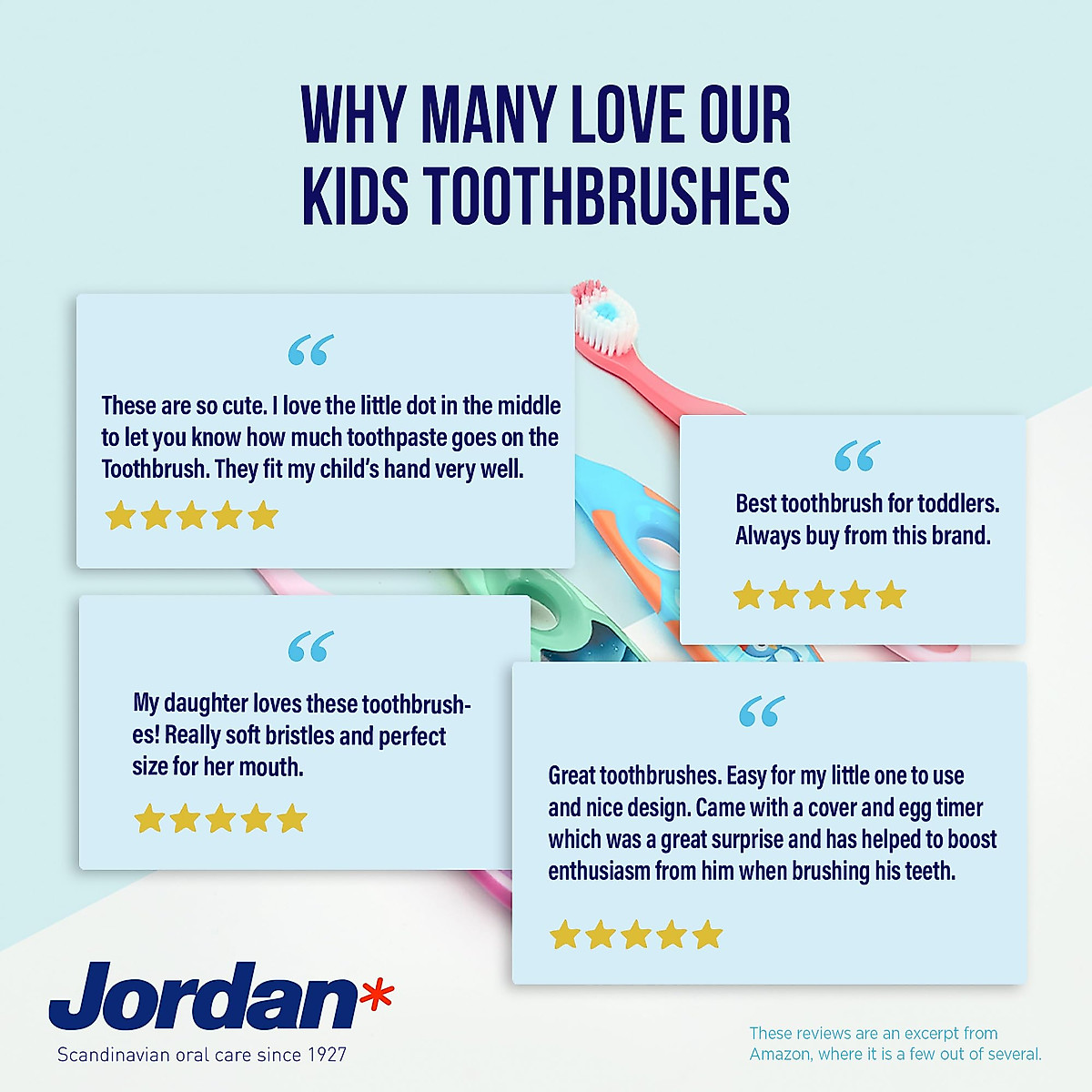 Jordan* Step 2 Kids Toothbrush, 3-5 Years, Soft Bristles, BPA Free (4 Pack) Blue & Green