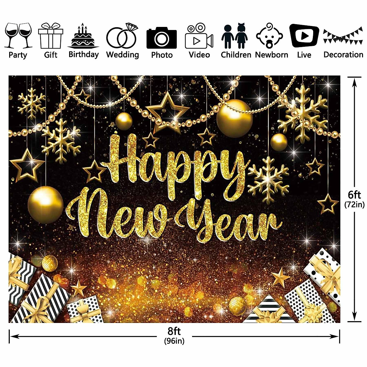 Swepuck 8x6ft Black and Gold Happy New Year Backdrop Hello 2025 Kiss Me at Midnight Photography Background Cheers to The New Year Eve Party Decoration Supplies Photo Booth Props