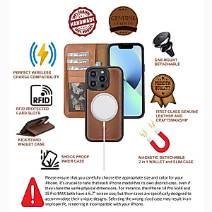 VENOULT Magnetic Detachable Wallet Case for iPhone 15 Pro MAX, Man or Women Folio Cover, Genuine Leather, Compatible with Magsafe Wireless Charge, RFID - Chestnut Brown