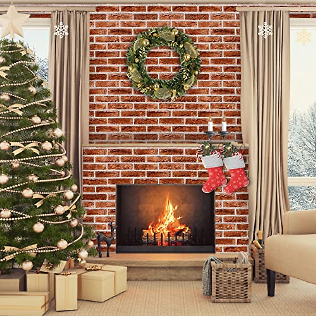 bofeifs Brick Wallpaper Peel and Sbofeifs Brick Wallpaper Peel and Stick Decorative Paper Self-Adhesive Sticker for Home Apartment Wall Fireplace Christmas Decor（Red） 17.7 x 118 inches