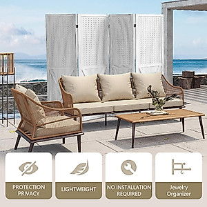 Leesinwing 4 Panel Pegboard Display, 5.6Ft Wood Room Dividers and Folding Privacy Screens, Peg Board Room Divider, Portable Display Board Organizer for Art, Jewelry, Crafts Display Racks, Off White