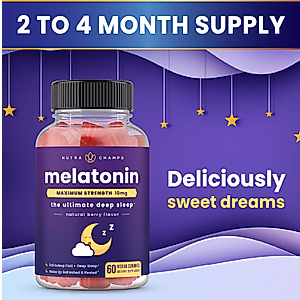 NutraChamps (Pack of 2 Melatonin Gummies for Adults, Extra Strength Sleep Aid Vitamins, 5mg or 10mg Dose, Vegan Natural Strawberry Flavor Supplement for Better Sleep, 120 Gummies
