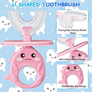 Baderke 3 Pieces Kids U Shaped Toothbrush Silicone Brush Head 360 Degree U Shaped Oral Cleaning Toothbrush with Cover Case Toddler Manual Training Tooth Brush Cute Cartoon Design for Ages 2-8