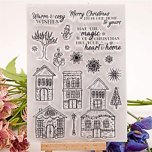 arriettycraft Merry Christmas House Clear Stamps for Card Making or Journaling, Snowflakes Trees Christmas Greetings Rubber Stamps for Journals Scrapbooking Album Decoration