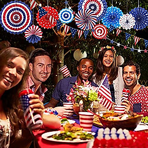 4th of July Decorations Patriotic Decorations 24Pcs Set - American Flag Party Supplies Red White Blue Paper Fans, USA Flag Pennant, Star Streamer, Hanging Swirls for National Election Day