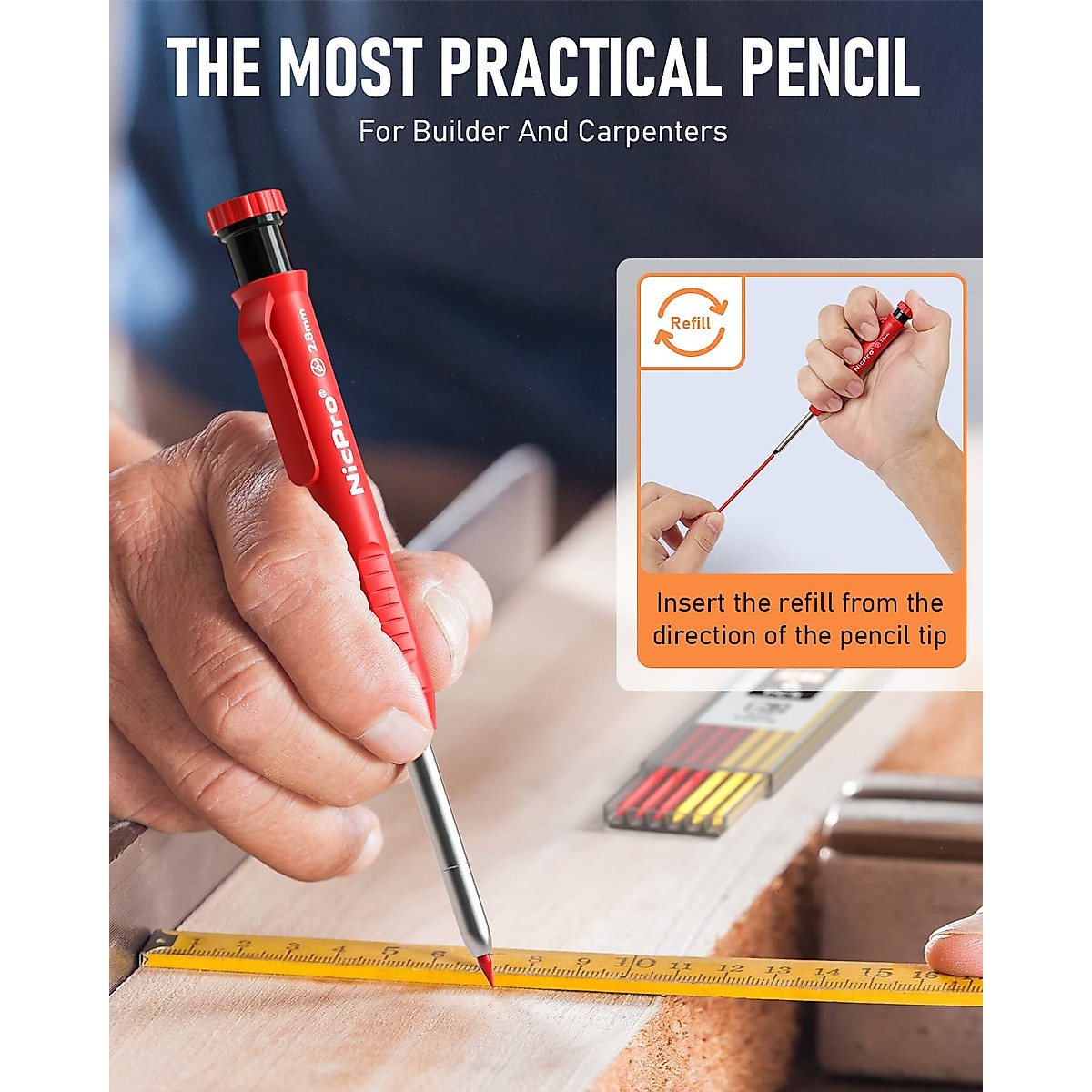 Nicpro Carpenter Pencil with Sharpener, Mechanical Pencils Set with 26 Refills, Deep Hole Marker for Construction, Heavy Duty Woodworking Pencils for Architect (Black, Red) - With Case