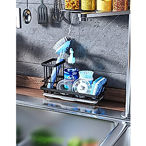 Consumest Sponge Holder for Kitchen Sink, Sink Caddy Kitchen Sink Organizer with Removable Drip Tray for Countertop Dish Soap Holder Dispenser Brush Holder, 304 Stainless Steel - Black