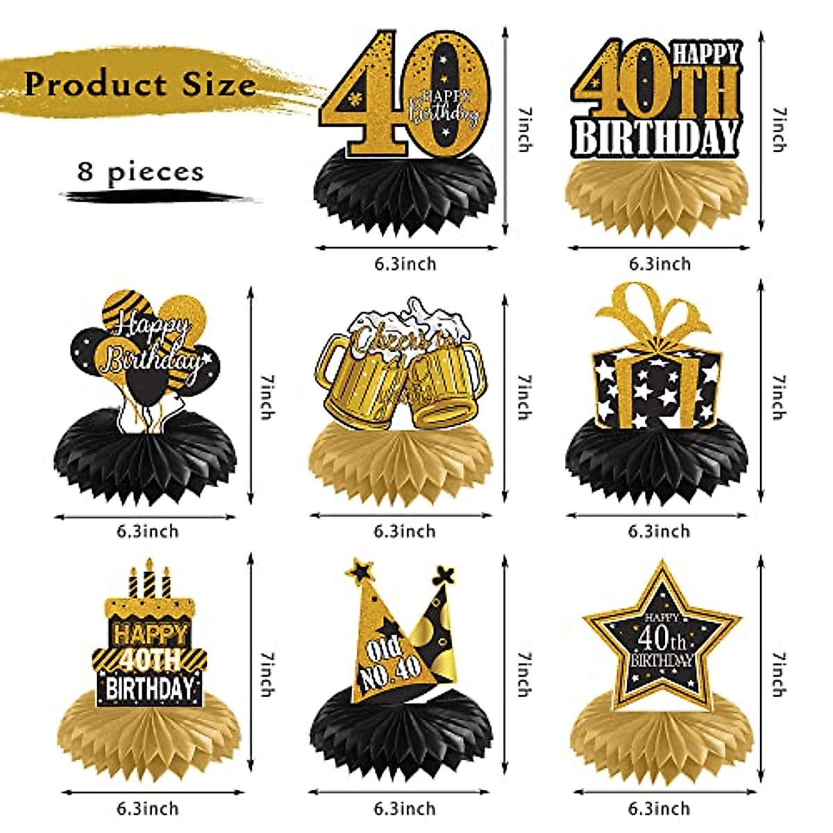 40th Birthday Decoration Honeycomb Centerpieces for Women Men, 8 Pcs Black Gold Cheers to 40 Years Table Centerpiece Toppers, Forty Years Birthday Party Creative Table Sign Décor, Easy Set Up, Vicycaty