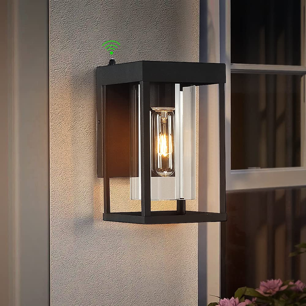 LAMPRESSION 2-Pack Black Outdoor Wall Light Fixtures, Dusk to Dawn Exterior Wall Lantern Sconce, 9" H Outdoor Porch Light Wall Mount with Clear Glass Shade