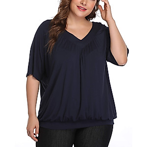 andy & natalie Women's Plus Size Tops Pleated V Neck Loose Baggy Blouse T Shirts Blue