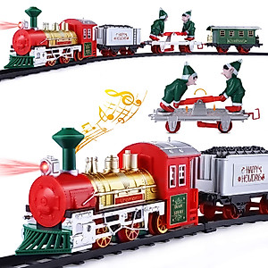 Unomor Train Set with Elf Handcar, Electric Train Set with Light & Sound, Steam Train Railway Tracks Christmas Train Gifts