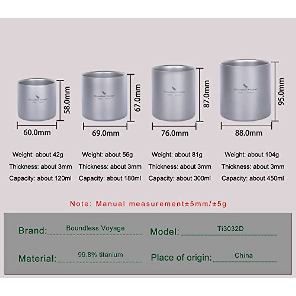 Boundless Voyage (120ML+180ML+300ML+450ML 4 in 1 Titanium Cup Double Walled Mug Lightweight Anti-scalding Drinkwear for Water Tea Wine Beer Fruit Juice Ti3032D