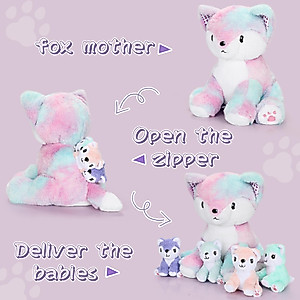 Pegmapri Rainbow Fox Stuffed Animals, Mommy Fox Plush with 4pcs Cute Baby Fox Plushie Set for Boys Girls