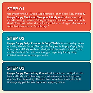 Happy Cappy Three Step Skincare Solution Bundle- Baby Dandruff Shampoo, Eczema Body Wash and Lotion for Kids, Toddler, Adults, Moisturizing Cream, Reduces Itching, Dermatologist Tested, Fragrance-Free