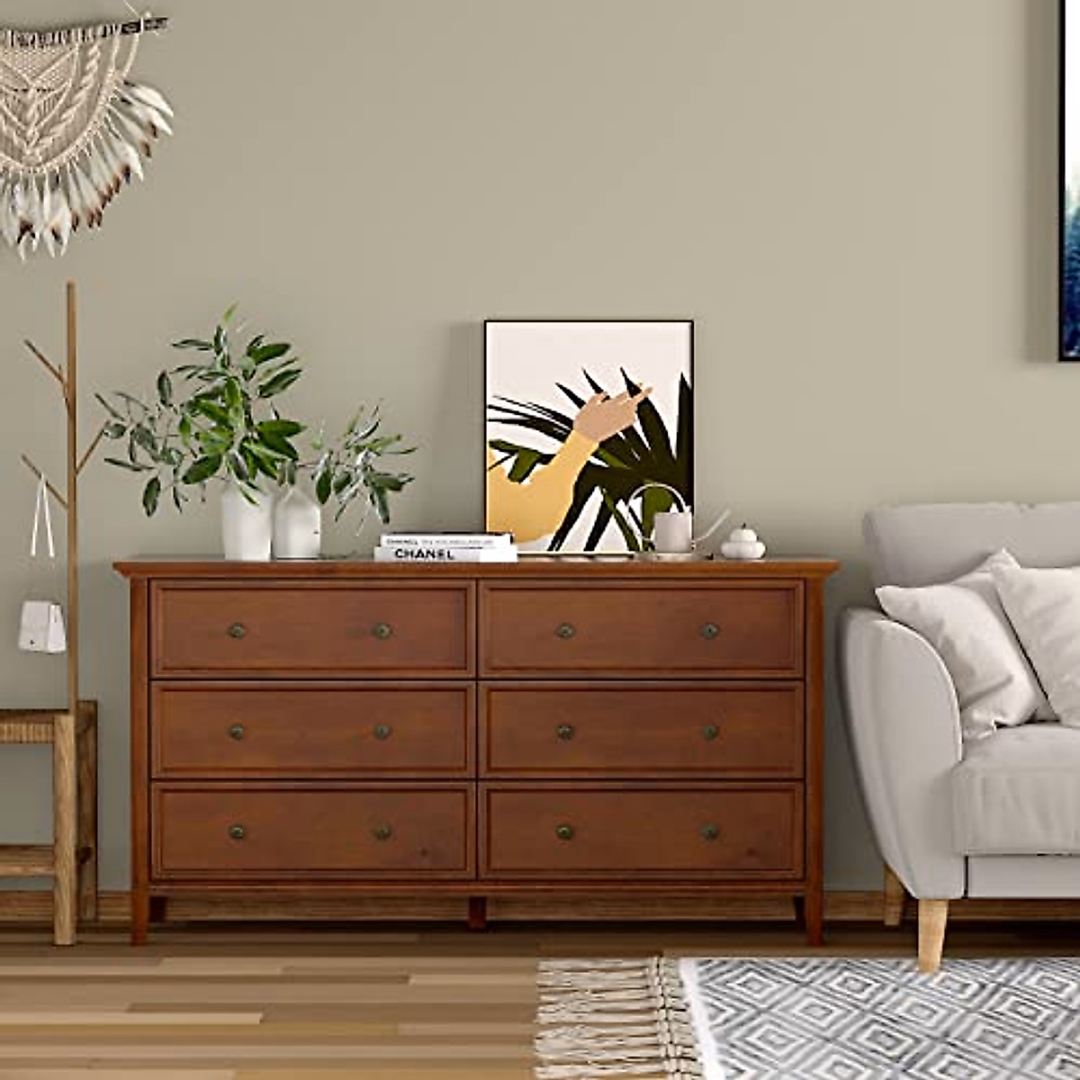 IKENO 6 Drawer Double Dresser, 55 inch Solid Wood Bedroom Dresser in Caramel