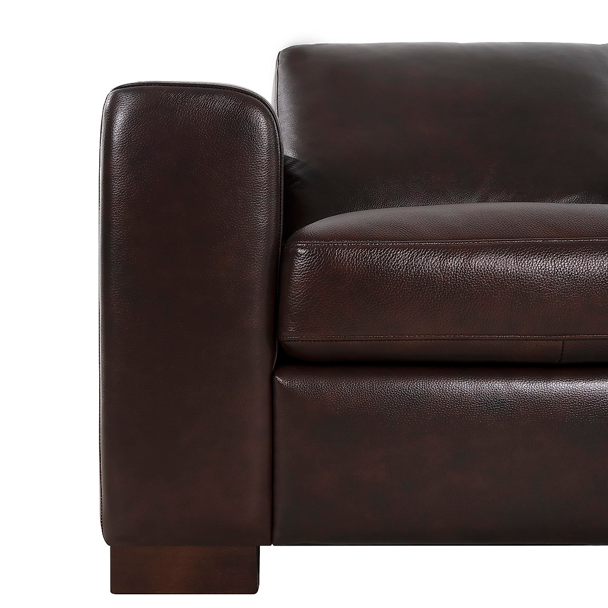 Naomi Home Freya Genuine Leather Sofa - Luxurious Comfort, Goose Feather Cushion Filling, Square Arm Design, Sturdy Block Legs, Elegant Espresso - Ideal for Living Room, Office, or Bedroom