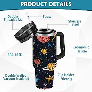 FRCSDIY Cartoon Planet Insulated Tumbler with Handle and Straw Lid,30oz Leakproof Stainless Steel Cup BPA-Free Water Bottle