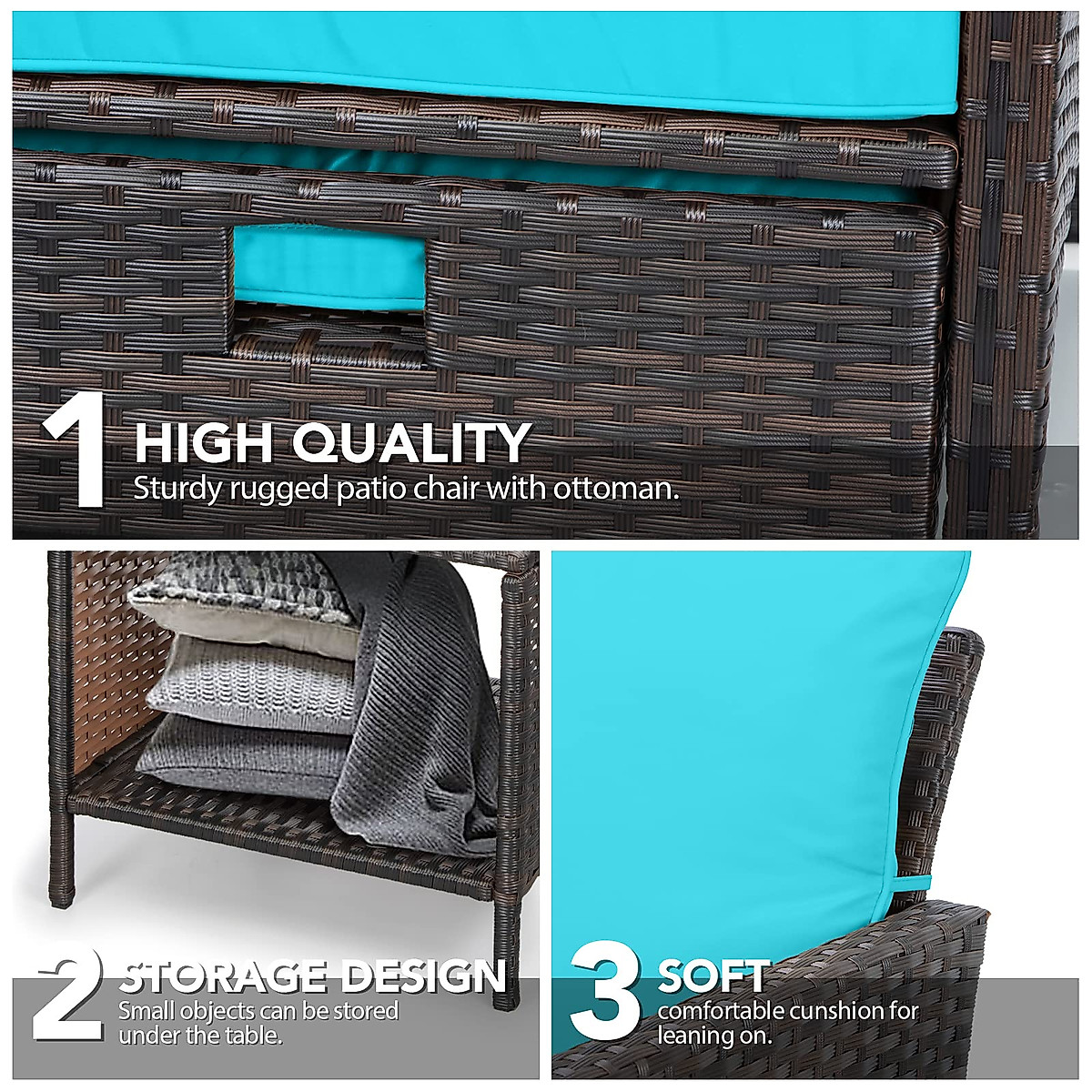 LEVELEVE Balcony Furniture 5 Piece Patio Conversation Set, PE Wicker Rattan Outdoor Lounge Chairs with Soft Cushions 2 Ottoman&Glass Table for Porch, Lawn-Brown Wicker