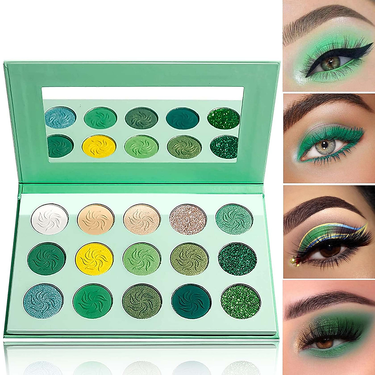 WENJLYJ 15 Color Green Eyeshadow Palette,Highly Pigmented Green Eyeshadow Matte Shimmer Makeup Pallete,Long Wear Waterproof Eye Shadow Pallete Glitter Eyeshadow Pallets for Women