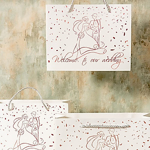 Crisky Welcome to Our Wedding Gift Bags for Hotel Guests, 25 Pcs, White Bag & Rose Gold Foil Text