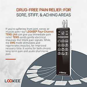 LOOKEE 4-Channel TENS Unit Muscle Stimulator for Pain Relief Therapy - Premium LED EMS Muscle Stimulator with 36 Mode & 40 Intensity Levels - Rechargeable TENS Machine FSA/HSA Eligible