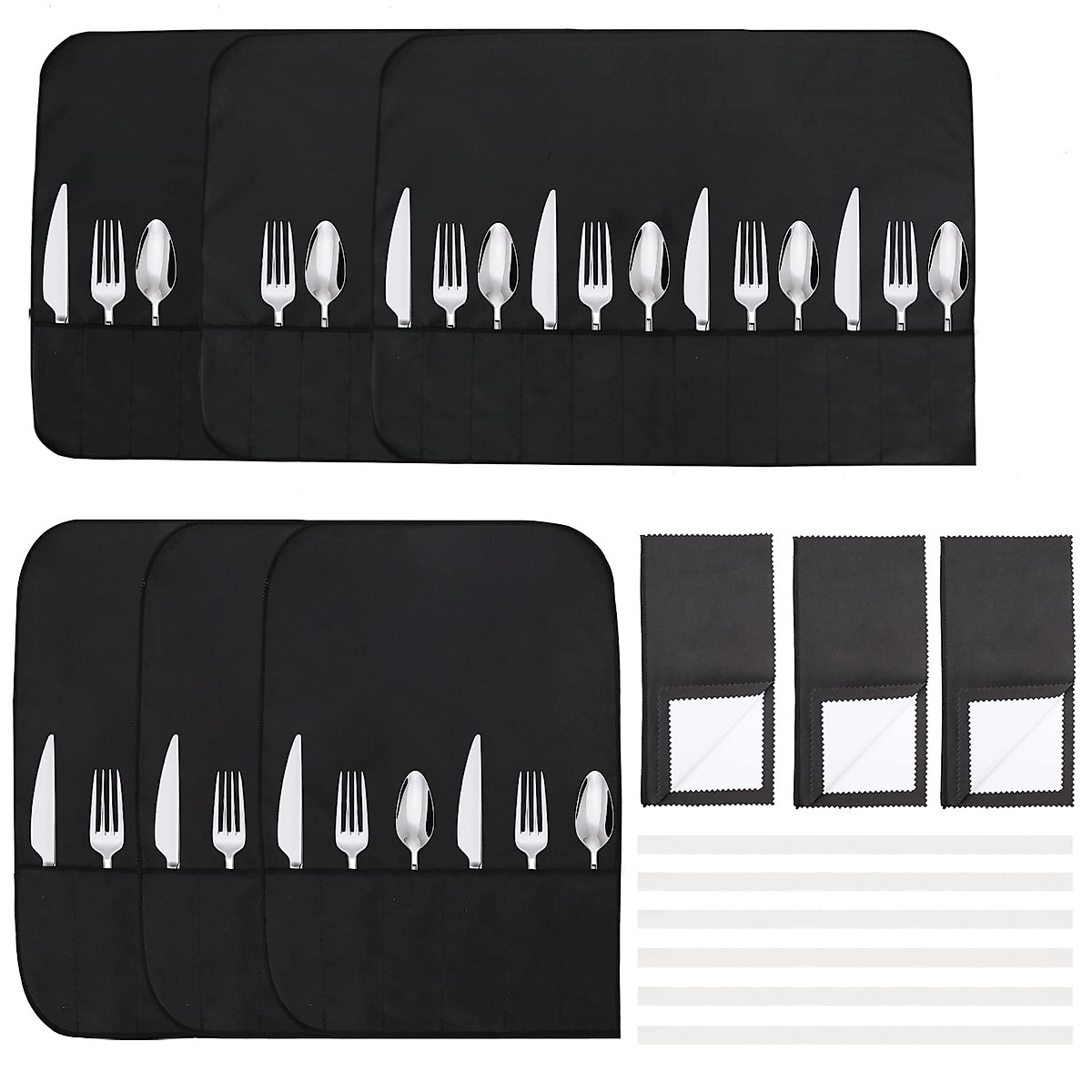 6Pcs Silver Flatware Storage, Anti Tarnish Silverware Storage, Spreader Knife Storage Bags, Silver Protector Bag for Silver Organized & Store with 3 Silver Polishing Cloth & 12Ribbons - Black (6 PCS)