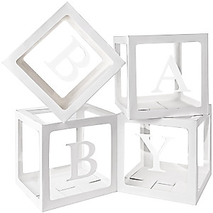 VGOODALL 4PCS Clear Baby Boxes with Stickers, Transparent Cube Boxes Gift Boxes for Baby Shower Birthday Party Decorations 11.8 x 11.8inch