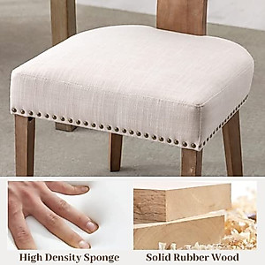 CIMOO Mid Century Modern Dining Chairs Set of 2 Linen Upholstered Dining Chairs Farmhouse Dining Room Chairs with Nailhead Trim Back Wood Legs, Beige and Natural