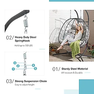 Patiorama 2 Person Double Egg Swing Chair with Stand Indoor Outdoor, Patio Wicker Rattan Hanging Egg Chair w/Cushion, Pillow, Foldable Hammock Chair 550lbs for Bedroom, Balcony, Garden (Light Grey)