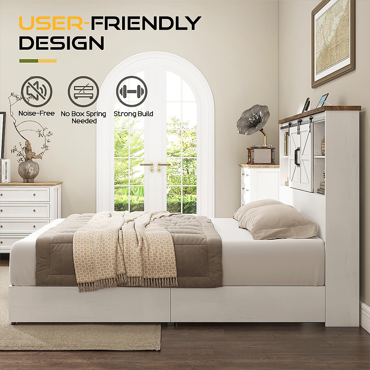 HOWE King Size Wood Platform Bed Frame with 51.2" Bookcase Headboard, Storage Bed with Sliding Barn Door Charging Station 2 Drawers, No Box Spring Needed/Farmhouse/White