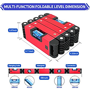 Multi-Function Foldable Level, 28 Inch Foldable Level Measuring Tool with 4 Easy-Read Level Bubbles 45°/90°/180°, Multi-Angle Measurement Woodworking Tool for Carpenters, Woodworkers, Fabricators