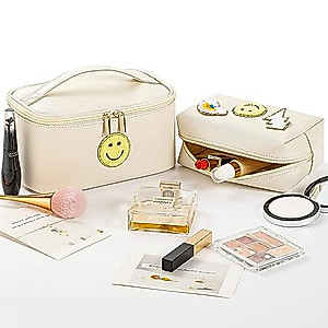 WALONER 2 Pack Preppy Patch Makeup Bag Leather Cosmetic Bag Makeup Pouch, Portable Waterproof Travel Toiletry Organizer,Toiletry Bag for Women Girls Gifts (White)