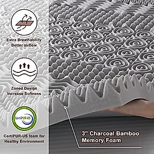 UniPon 3 Inch Egg Crate Memory Foam Mattress Topper, Charcoal Infused Mattress Topper, 7 Zones Foam Bed Topper, CertiPUR-US Certified (Queen)