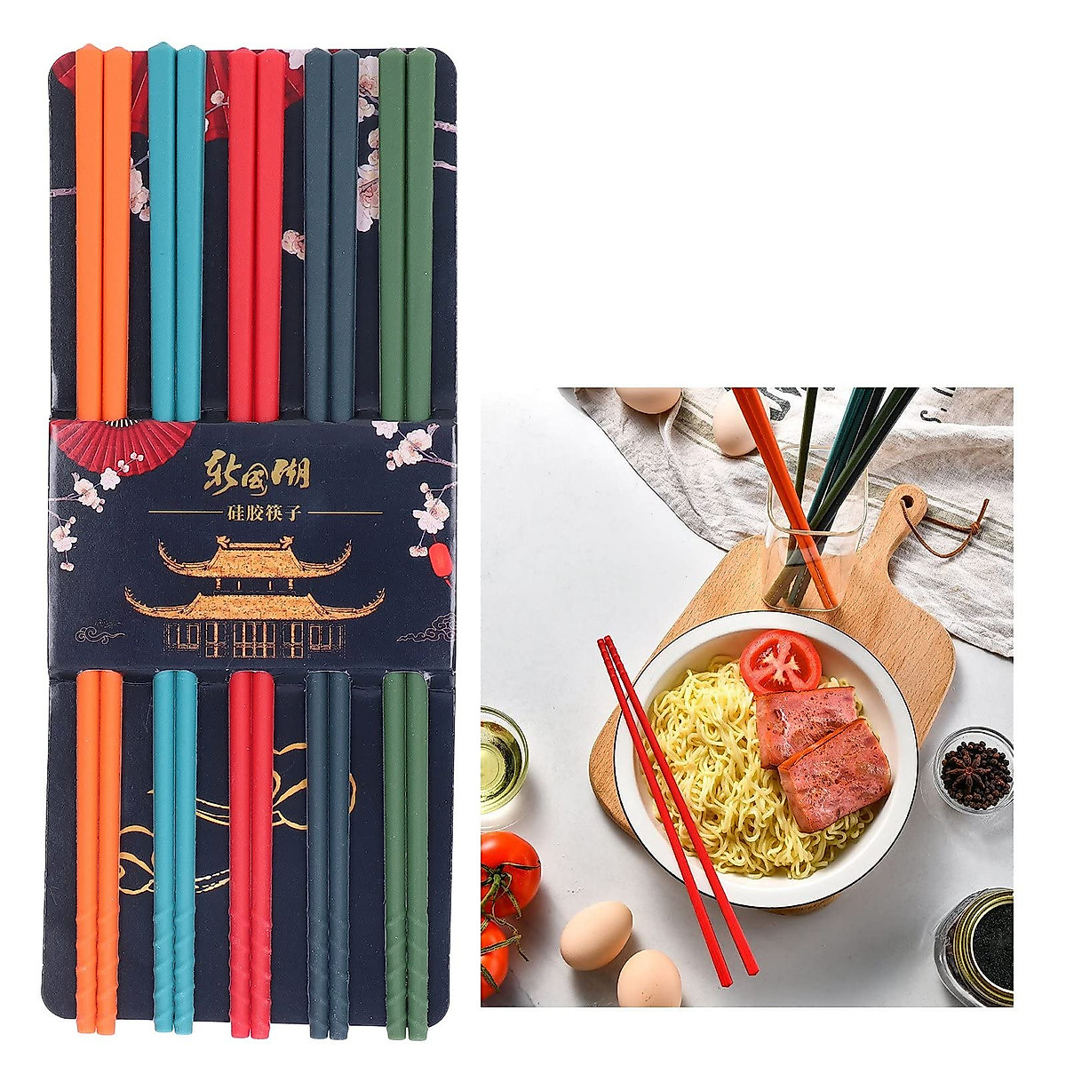 Joyzan Chopsticks Set, 5 Pairs Multicolor Reusable Chopsticks Silicone Chopsticks Sushi Non Slip Chinese Japanese Korean Style Lightweight Chop Sticks Colorful Dishwasher Safe Cooking Food Gift