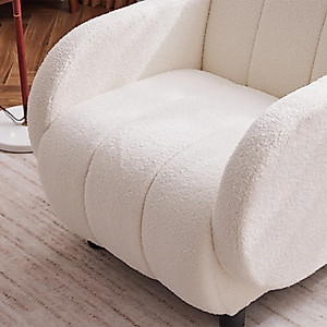 SUNWAVE Accent Chair with Round Armrest and Wood Legs, Soft Teddy Fleece Reading Chair, Boucle Chair for Living Room, Bedroom, Office, Single Sofa Lounge Club Chair