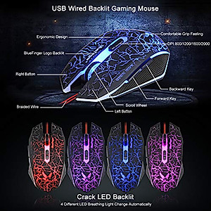 BlueFinger Backlit Gaming Keyboard and Mouse and LED Headset Combo,USB Wired 3 Color Crack Backlit Keyboard,Blue LED Light Gaming Headset,Gaming Keyboard Mouse Headphone Set for Work and Game