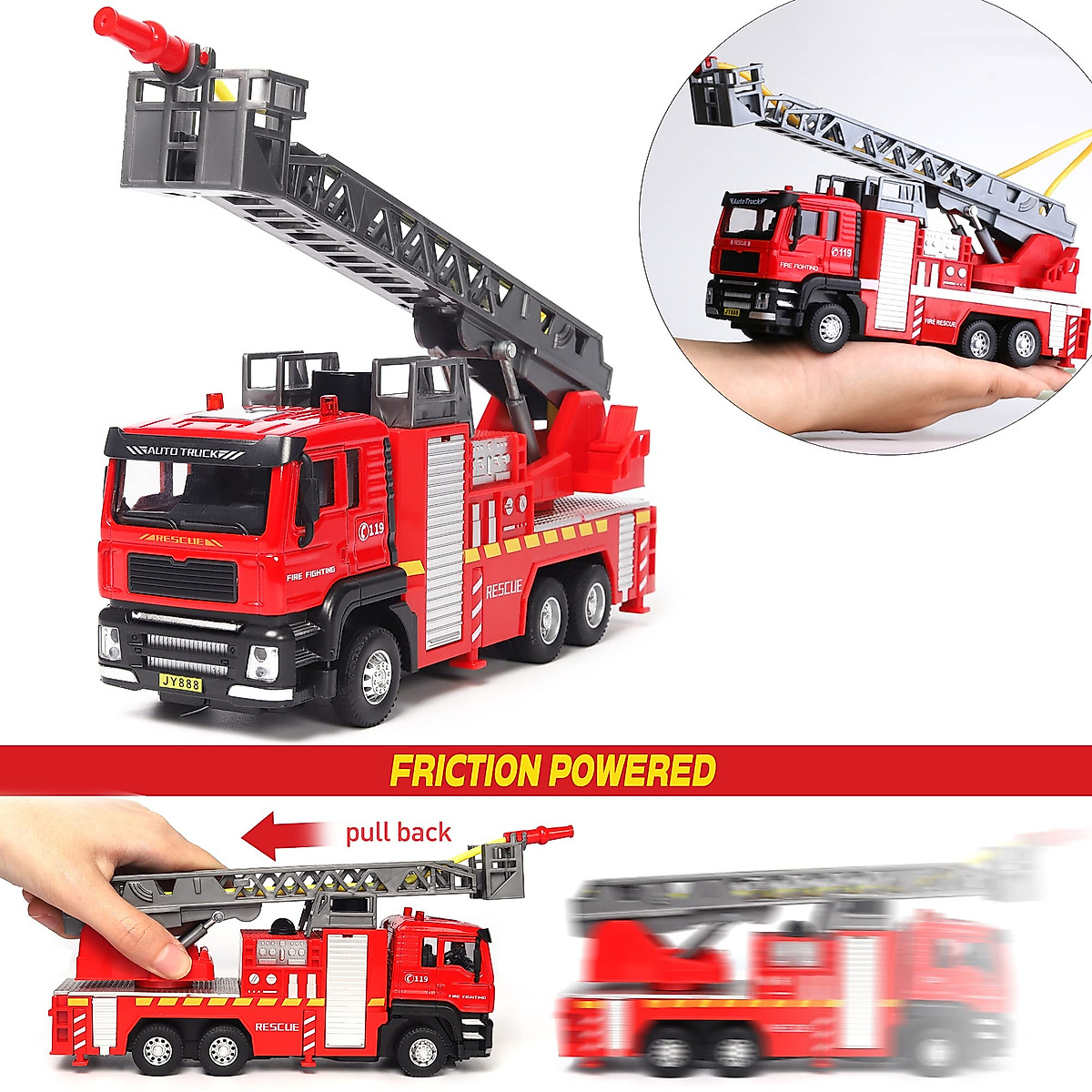 Geek Cheers Real Fire Truck Toy, Alloy Model Functional Firetruck with Water Pump, Extendable Rotating Rescue Ladder, Lights & Siren Sounds, Friction-Powered Car for Gift for Boys Girls Ages 3+