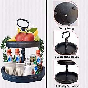 DECORIO Beautiful Tiered Tray Black Slighly Distressed, Two Tiered Wood Decorative Tray - Tiered Tray Stand - Two Tier Tray Tiered Tray Decor - 2 Tier Tray Tiered Serving Tray - Spring Decor 17"