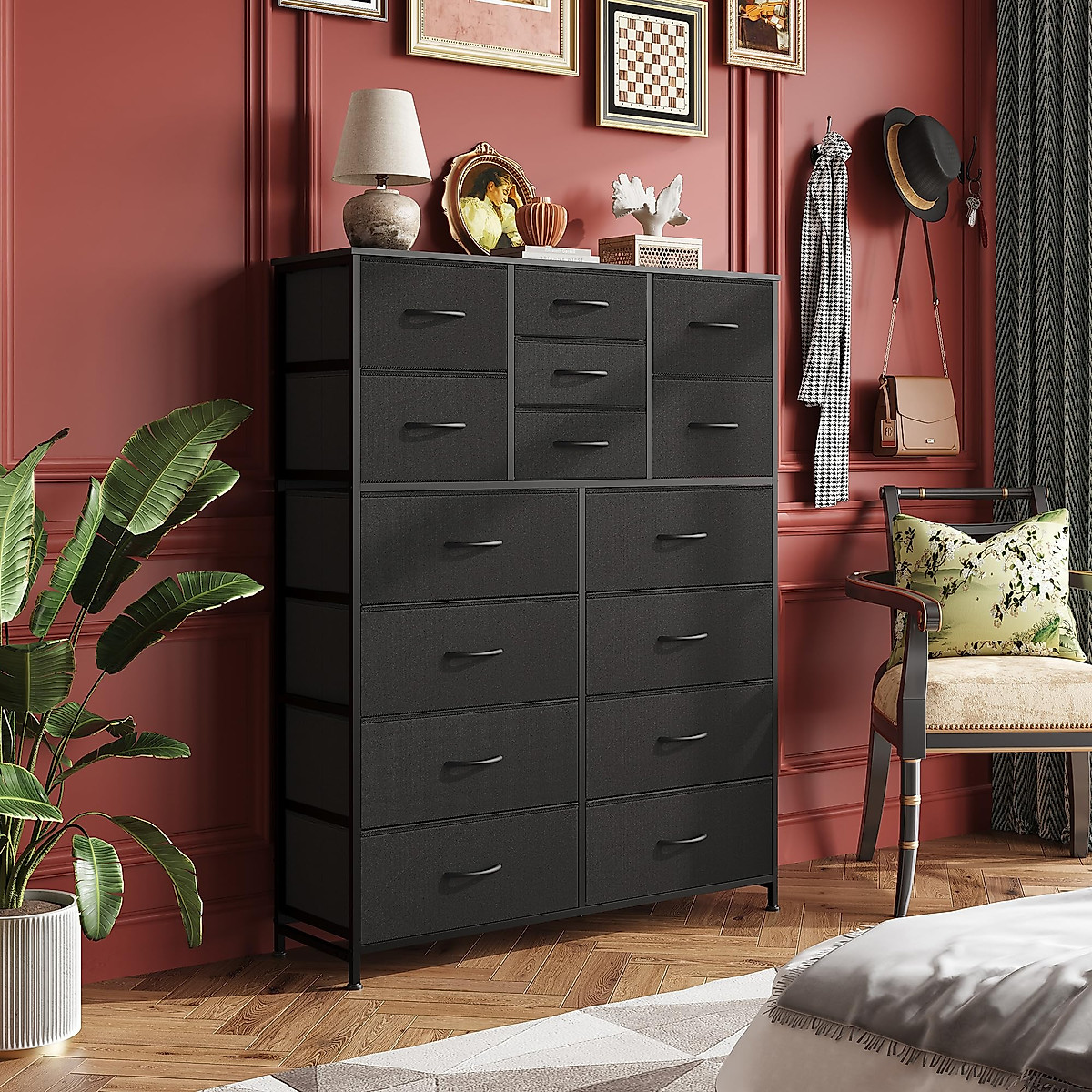 WLIVE Tall Black Dresser for Bedroom Furniture, Fabric Dressers Storage Tower with 15 Deep Drawers, Dresser for Closet, Hallway, Entryway, Office, Storage Tower with Cabinet, Metal Frame, Wooden Top