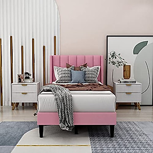 Zavoter Twin Upholstered Platform Bed Frame with Headboard, Mattress Foundation, Wood Slat Support, Quiet, no Box Spring Needed, Easy to Assemble Pink