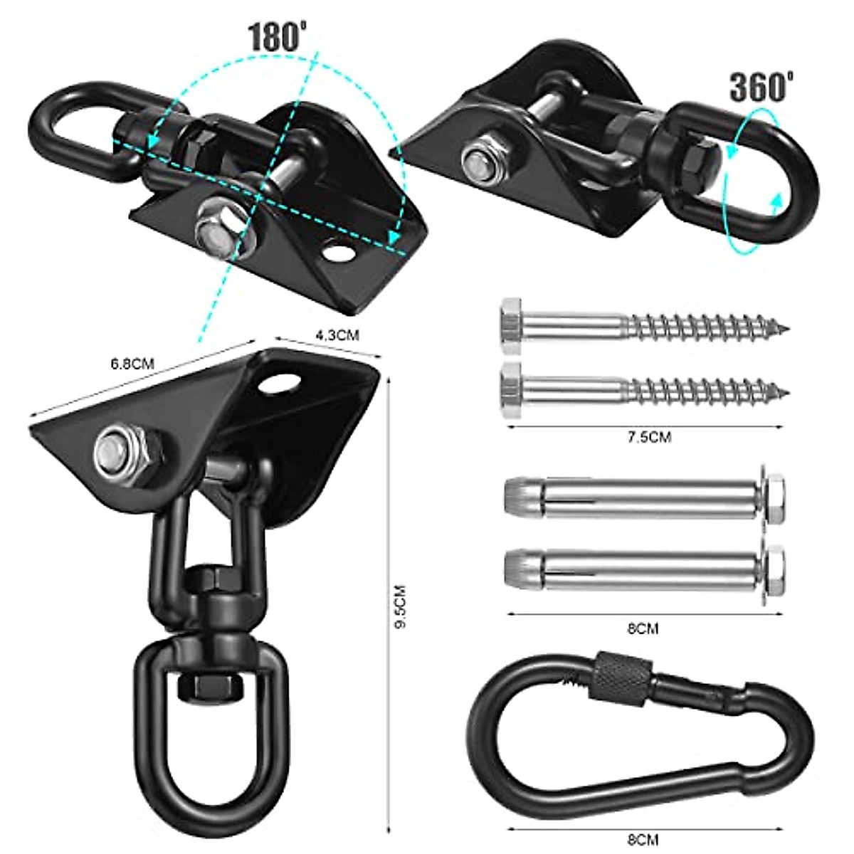 Hammock Hanging Kit,Hanging Chair Hardware 360°Rotating 1200 lb Capacity Hammock Hooks Heavy Duty,Hammock Chair Hanging Kit & Swing Ceiling Hook Snap for Hammock Chair Stand,Seat, Tree,Yoga,Gym(Black)