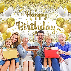 Gold White Birthday Party Decorations Banner, Gold and White Happy Birthday Backdrop Banner, Large Gold White Birthday Banner Photography Background Party Decoration for Women Men Girls 70.8x43.3Inch