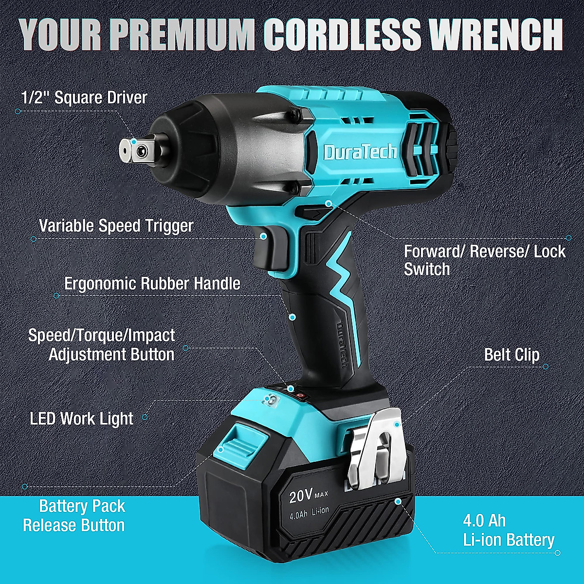 DURATECH Cordless Impact Wrench - Gifts for Dad, 20V Impact Gun, 1/2'' Drive, 330 Ft/lbs Max Torque, with 4 Impact Sockets, 4.0Ah Large Capacity Battery and Fast Charger Included, Great Gifts