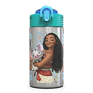 Zak Designs Moana 15.5oz Stainless Steel Kids Water Bottle with Flip-up Straw Spout - BPA Free Durable Design, Moana SS