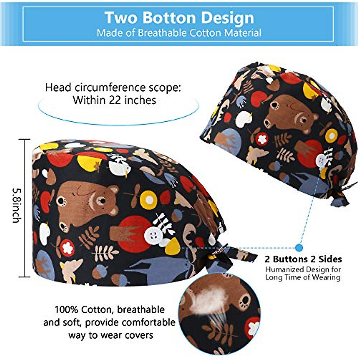 Geyoga 6 Pieces Adjustable Working Caps with Button Gourd Tie Back Bouffant Hats Sweatband Caps Breathable Hair Cover for Women Men