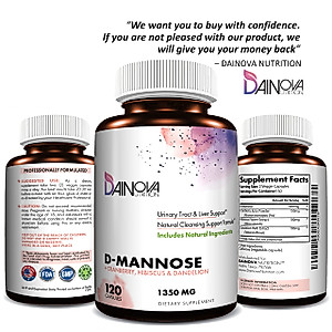 DAINOVA D Mannose 1350mg with Cranberry I D-Mannose Capsules for UTI Prevention, Urinary Tract Support, Urinary Tract Health for Women, & Cleanse. W/Hibiscus & Dandelion, 120 Veggie Capsules