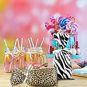 100 Pieces Leopard and Zebra Print Cellophane Bags Animal Print Party Supplies Bags Sealable Treat Bags with a Roll of White Ribbon for Chocolate Candy Snacks Cookies Zoo or Jungle Party