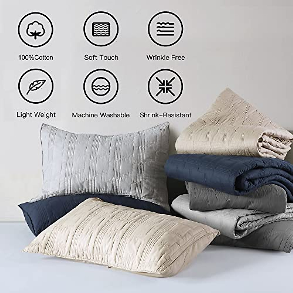 100% Cotton Quilt Set King Size, Navy Blue Pre-washed 3-Piece Bedspread Coverlet Set, Cozy Lightweight Stitching Decorative Bedding Cover with 2 Shams in Geometric Pattern Rustic Style for All Season